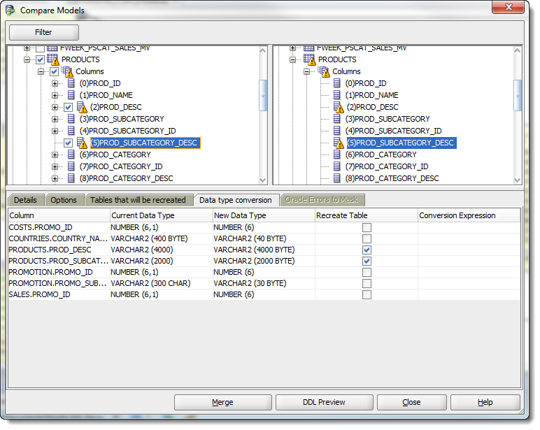 DIFFs and Alter Scripts via Oracle SQL Developer Data Modeler