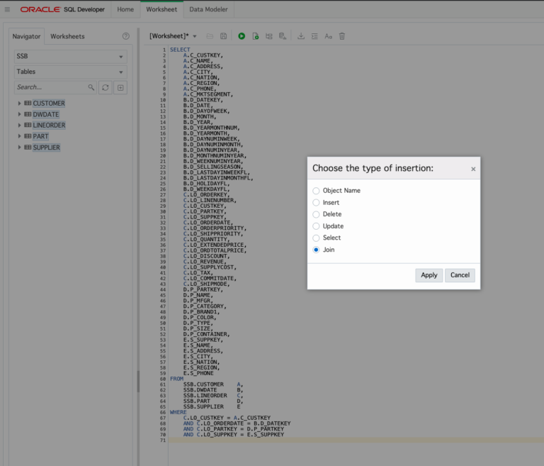 Exploring the new SSB Schema with SQL Developer Web