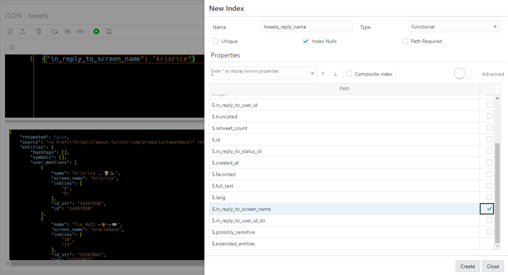 JSON: Creating Indexes in Database Actions